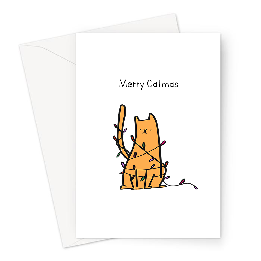 Merry Catmas Greeting Card | Cat Tangled In Christmas Lights, Funny Cat ...